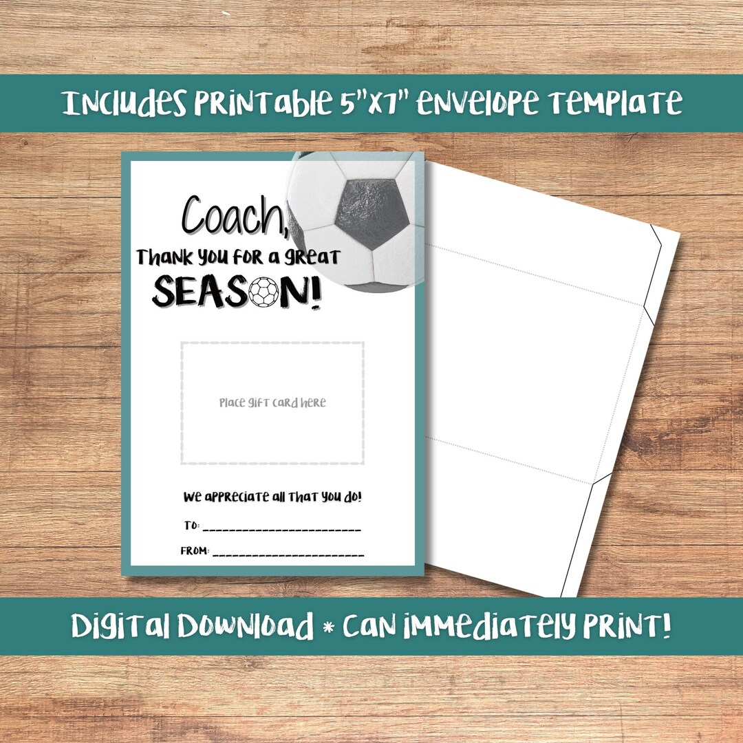 Printable Soccer Coach Thank You Card Gift Card Holder, Printable Thank ...