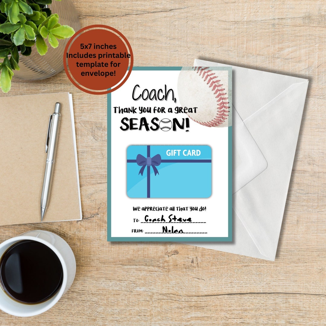 Printable Baseball Coach Thank You Card Gift Card Holder, Digital ...
