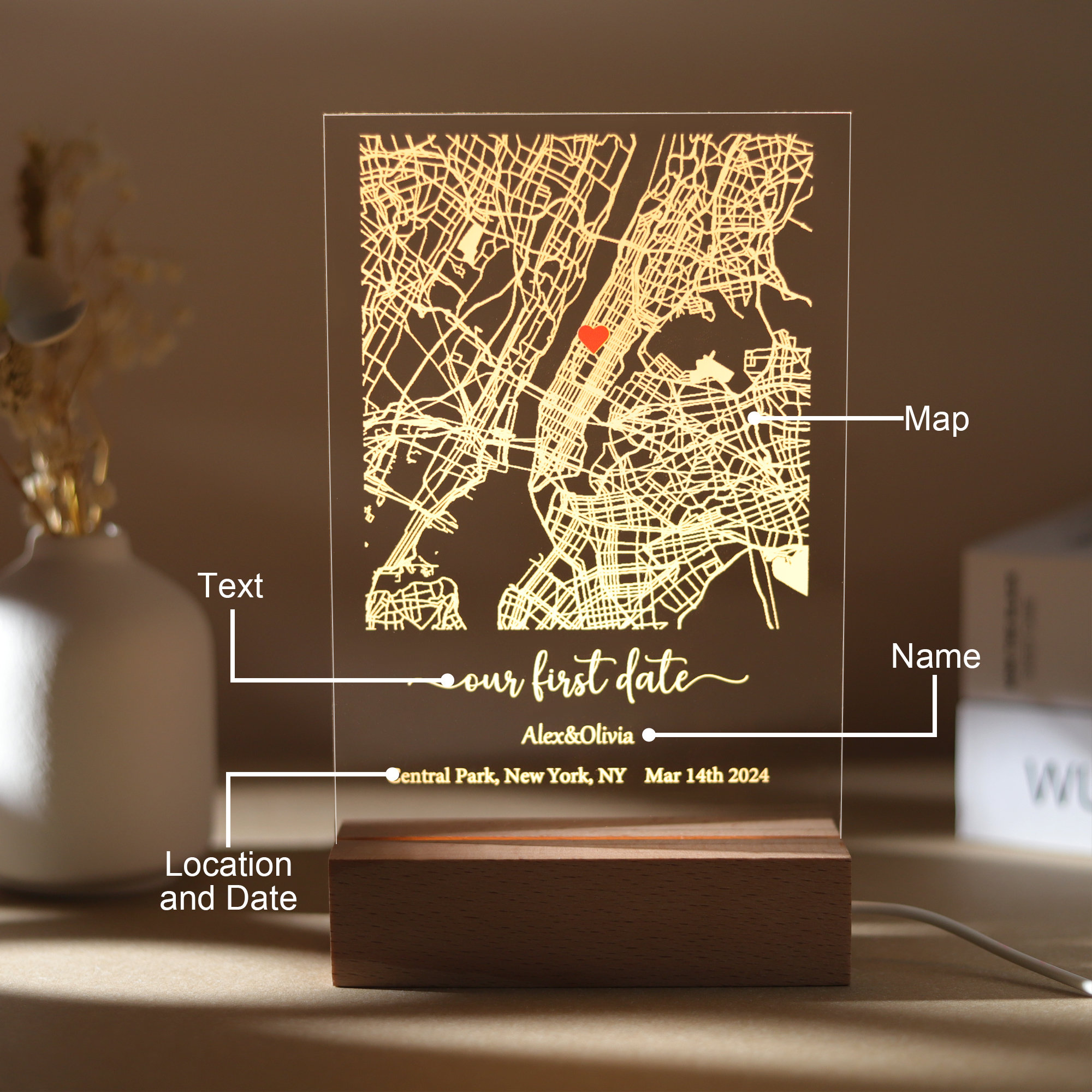 Personalized Our First Date Map Night Light, Custom Map Print Acrylic ...