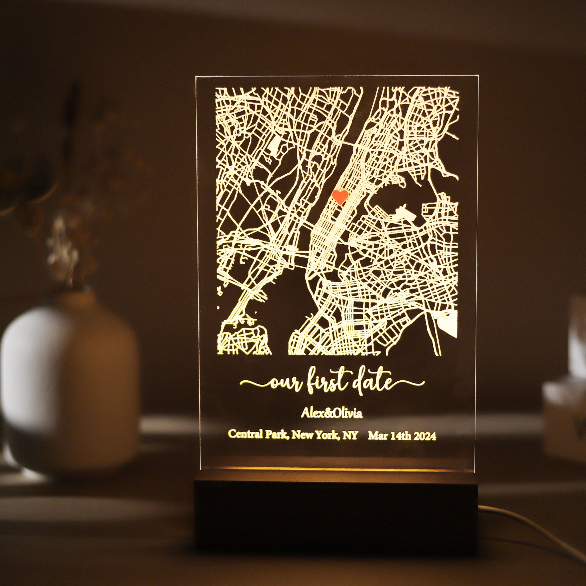 Personalized Our First Date Map Night Light, Custom Map Print Acrylic ...