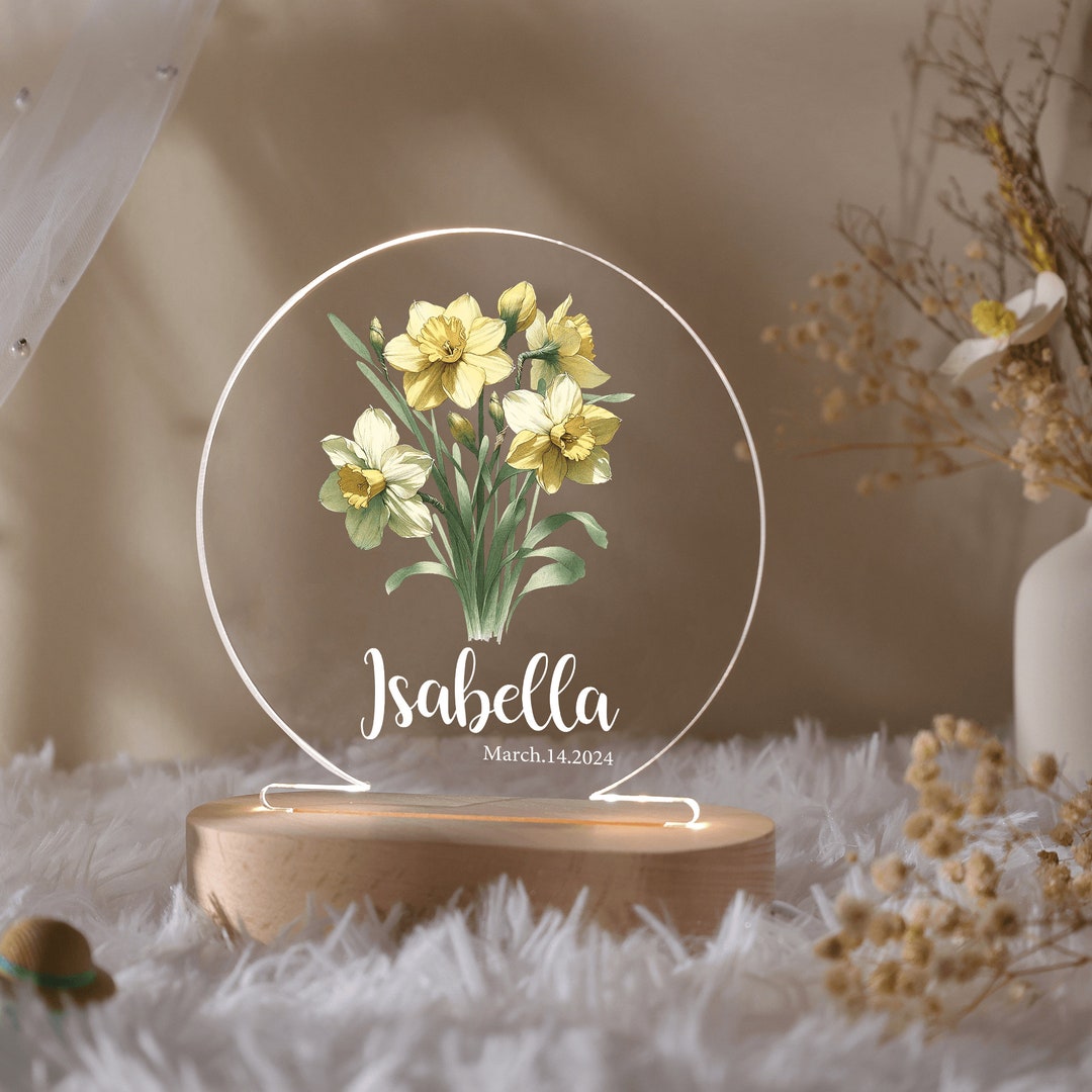 Personalized Name Night Light, Custom Birth Flower Acrylic LED Night ...
