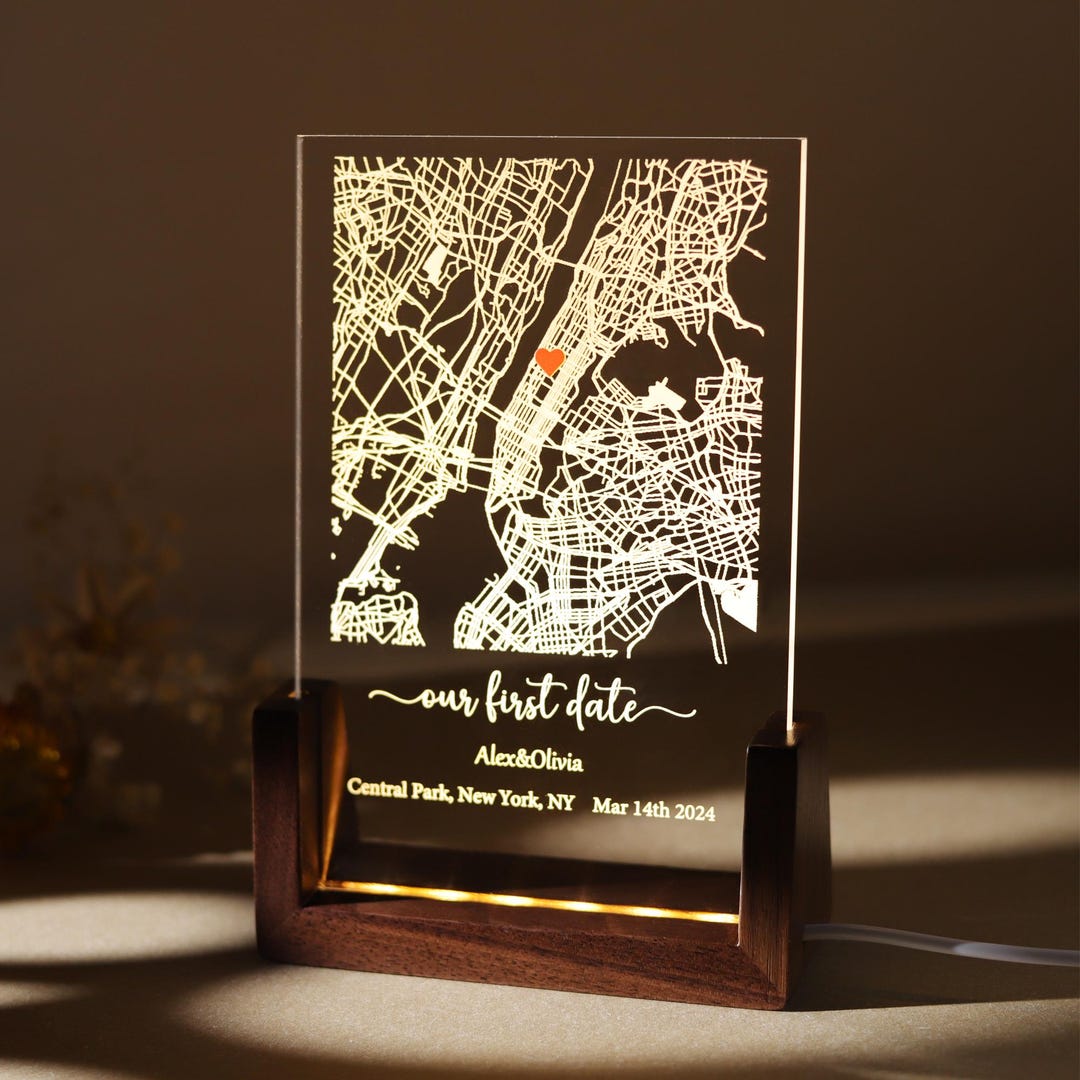 Personalized Our First Date Map Night Light, Custom Map Print Acrylic ...