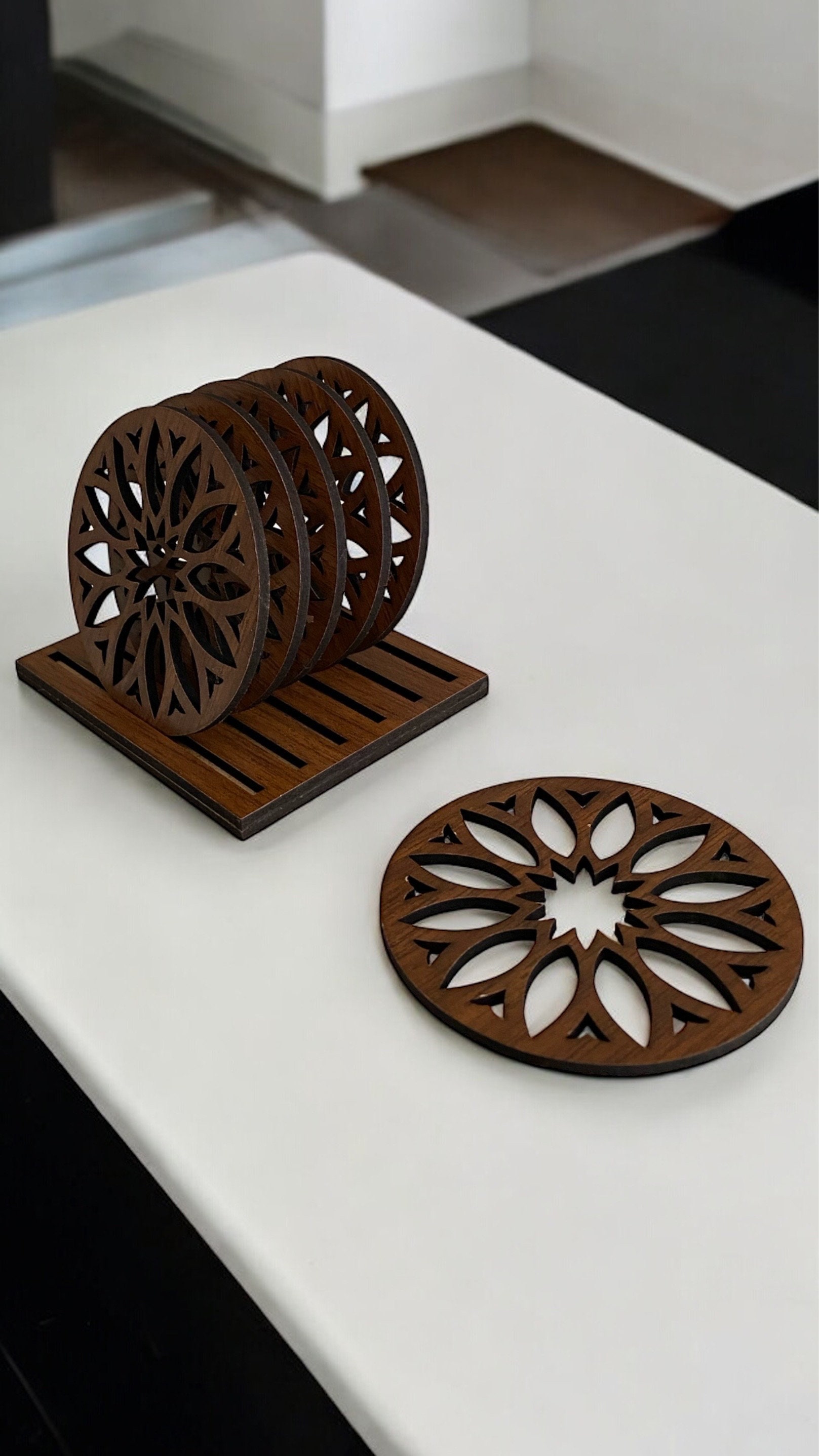 Set of 6 Wood Coasters in Laser Cut Design,decor,wooden Coasters,desk ...