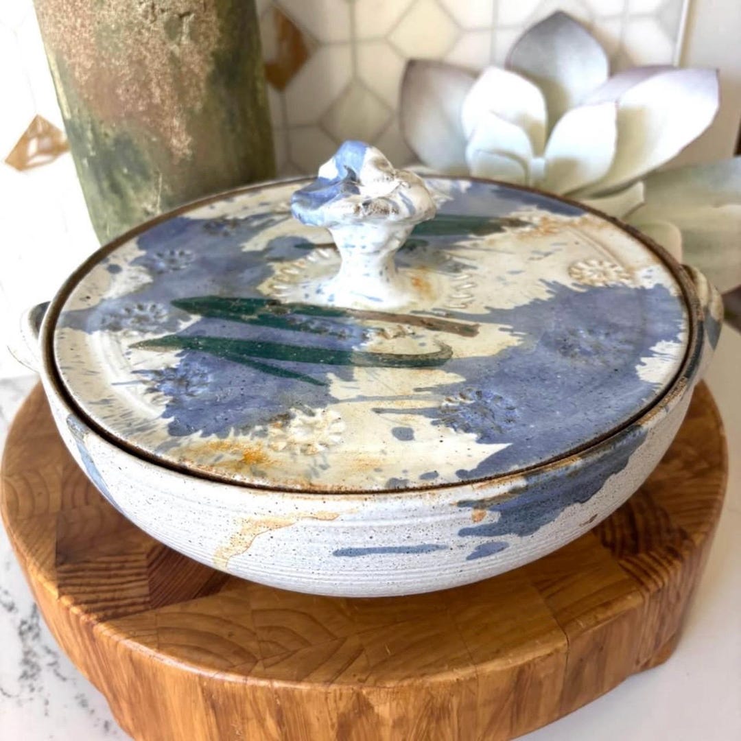 Gorgeous Painted Pottery Art Bowl With Lid: Signed Cream Blue Brown ...