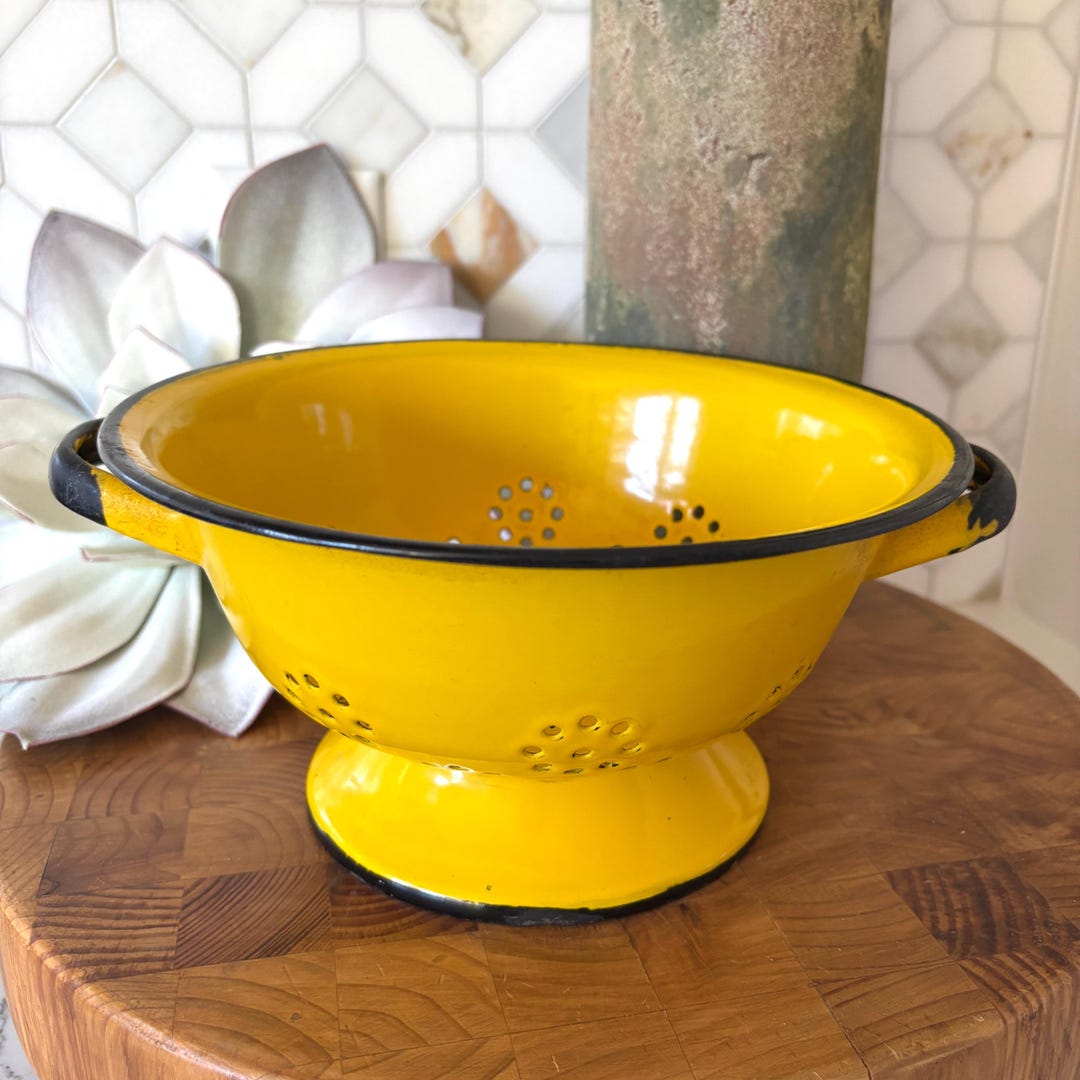 Yellow Footed Colander Strainer Enamelware Black Rim Double Handled ...