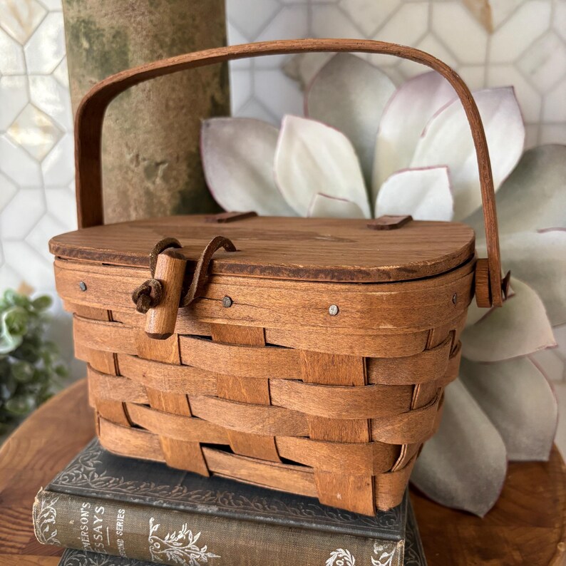 Longaberger Handle Wood Mini Picnic Basket With Lid Handwoven USA 1985 ...
