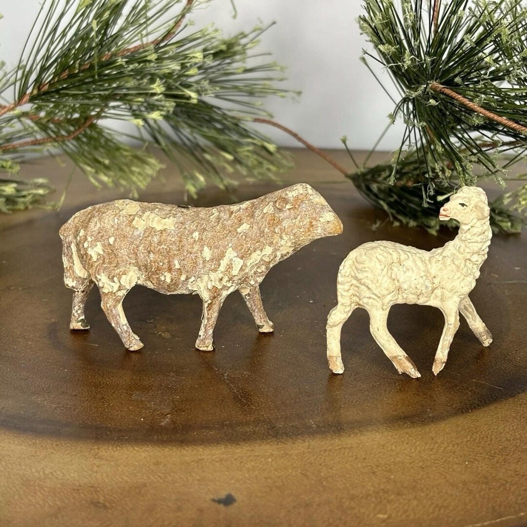 2 1930s Sheep and Lamb Animals With Stick Legs. Elastolin Composite ...