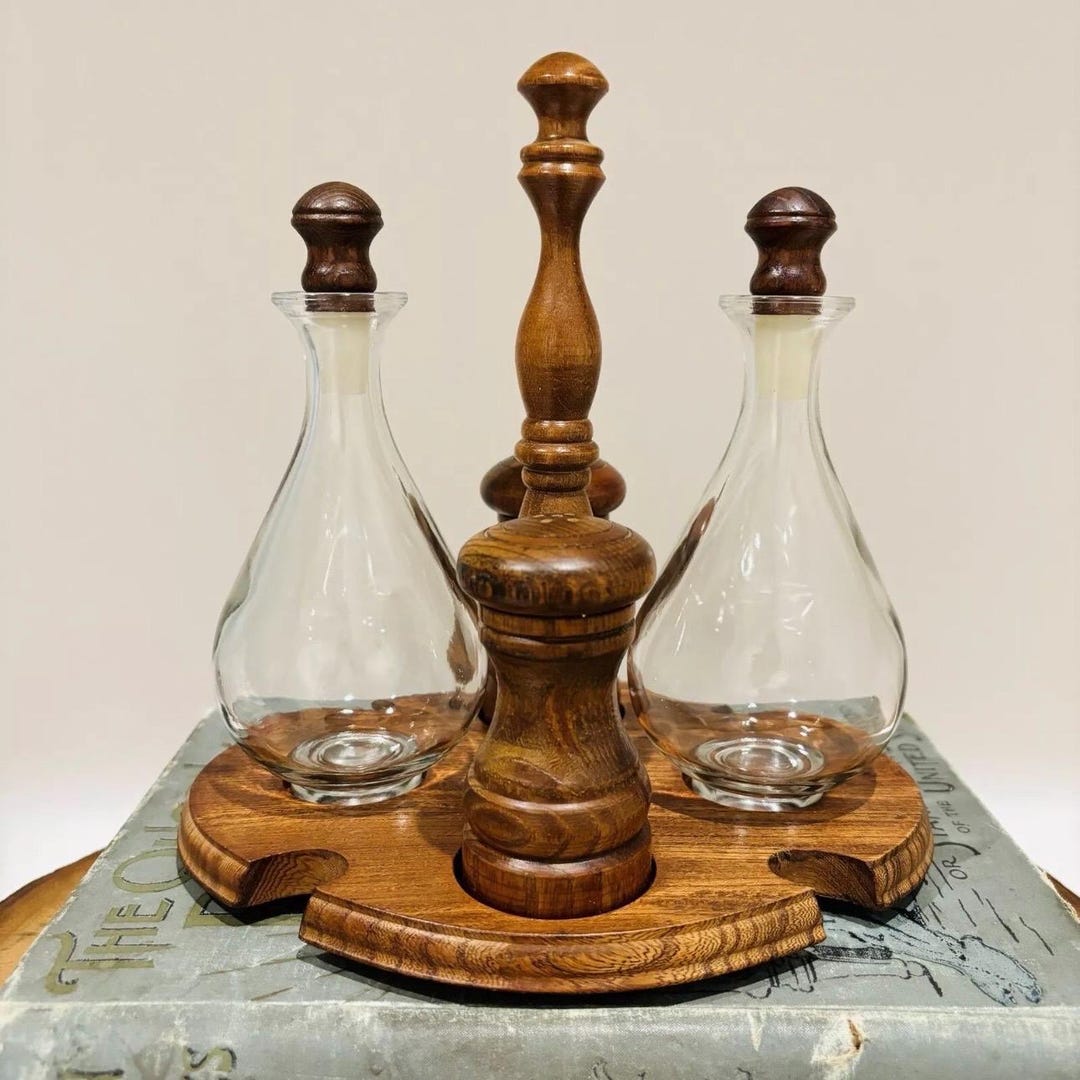 Cruet Set Styson 1960’s Hand Carved Wood Caddy Oil/vinegar Salt/pepper ...