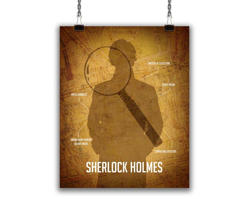 Sherlock Holmes Art Print, Detective Silhouette on Vintage Map of ...