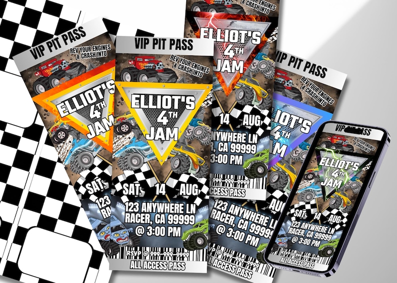 Monster Truck Pit Pass Invitation- 5 Digital Invitations W/ Printable ...