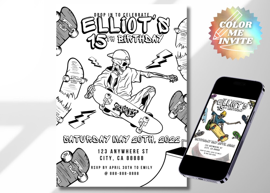 Skater Birthday Invitation- Skateboard, Graffiti Color Me Digital 5x7 ...