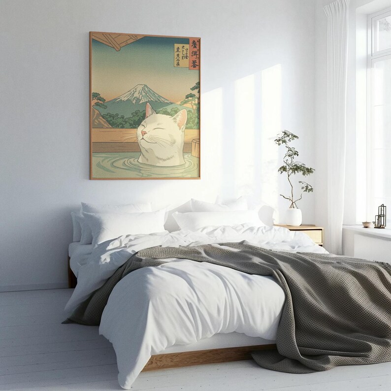 Japanese Woodblock Cat Print Ukiyo-e Art Mt Fuji Onsen Wall Decor ...