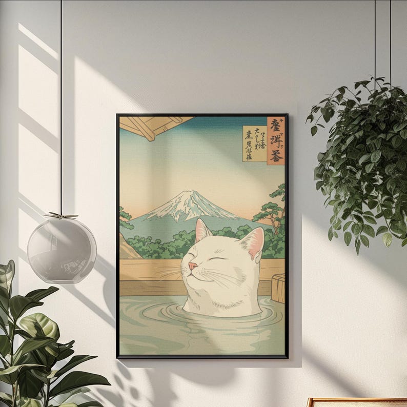 Japanese Woodblock Cat Print Ukiyo-e Art Mt Fuji Onsen Wall Decor ...