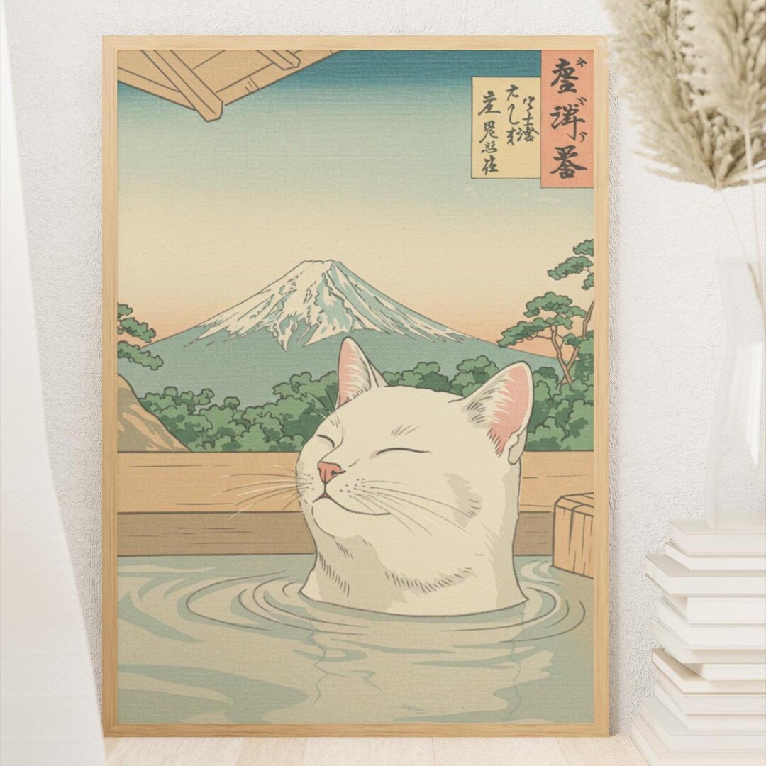 Japanese Woodblock Cat Print Ukiyo-e Art Mt Fuji Onsen Wall Decor ...