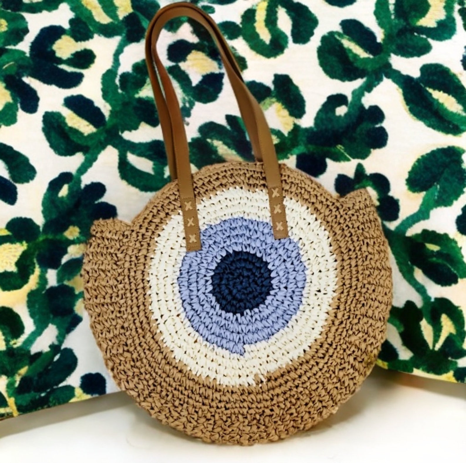 Evil Eye Woven Tote Bag, Straw Beach Tote, Slouchy Beach Bag, Large ...