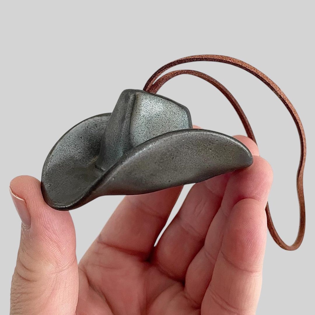 Small Ceramic Cowboy Hat Ornament With Vegan Leather Cord - Black Gold ...