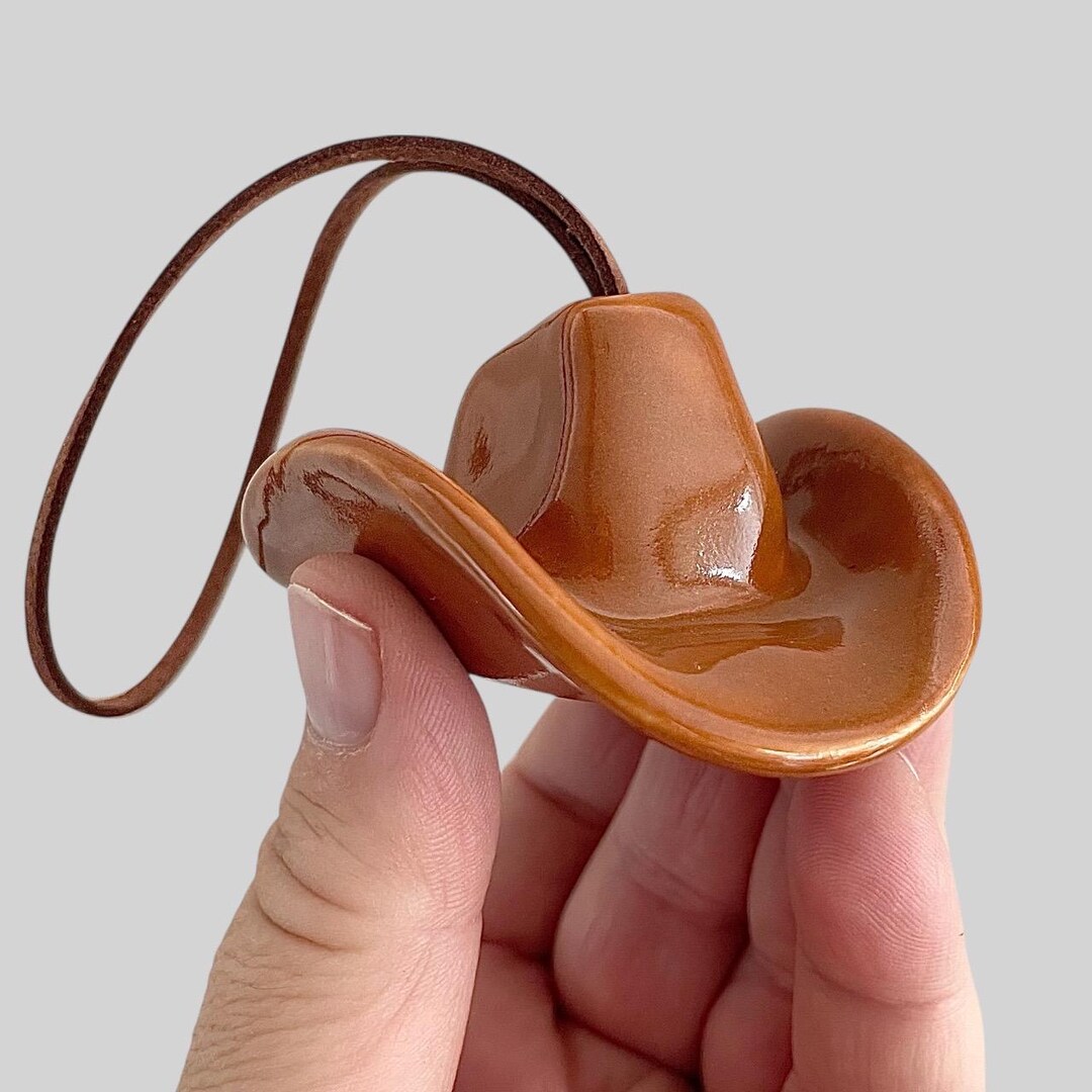 Small Ceramic Cowboy Hat Ornament With Vegan Leather Cord - Saddle ...