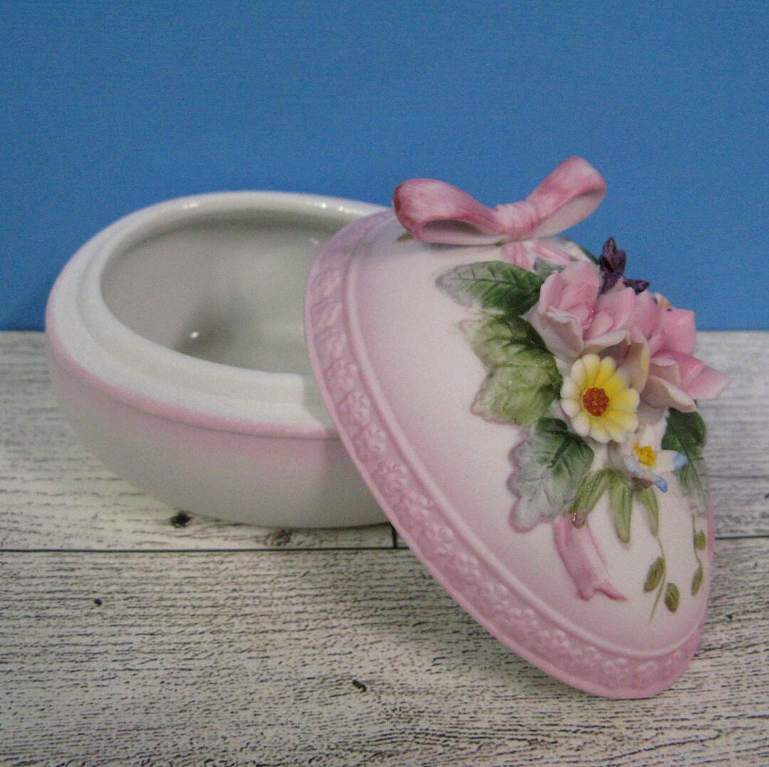 Lefton China, Vintage Bisque Lidded Egg, Vintage Lefton Egg, Pink Roses ...
