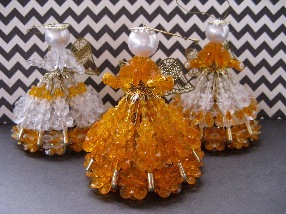 Vintage Safety Pin Angels, 3 Safety Pin and Beaded Angels, Orange ...
