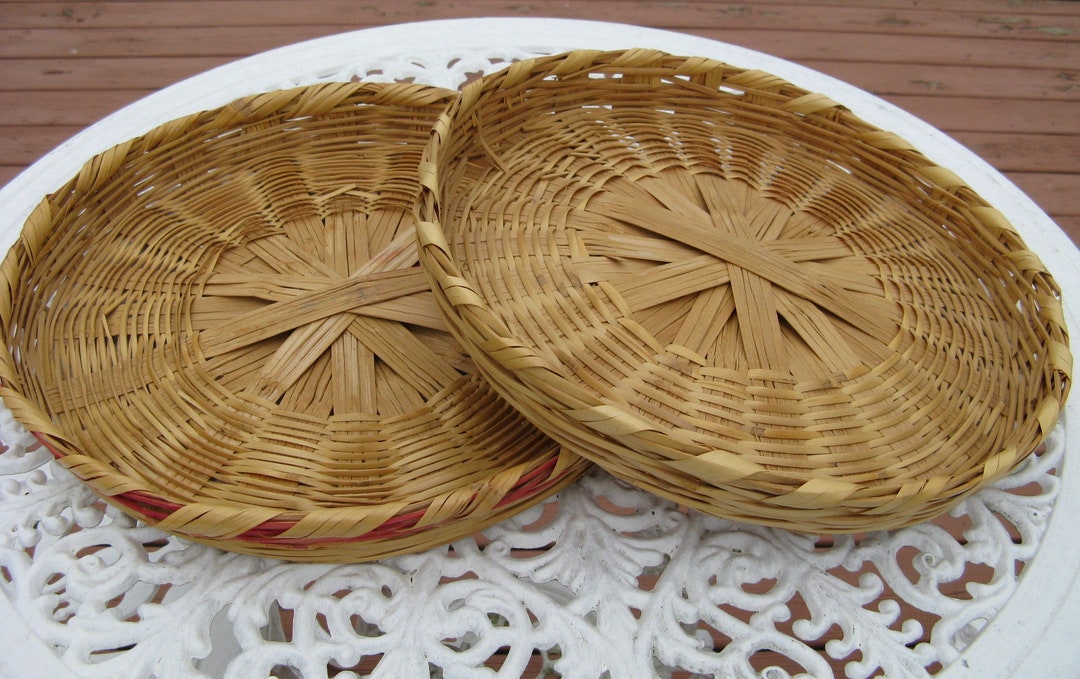 Vintage 2 Flat Baskets, Woven Wicker Wall Basket, Large Wicker Tray ...