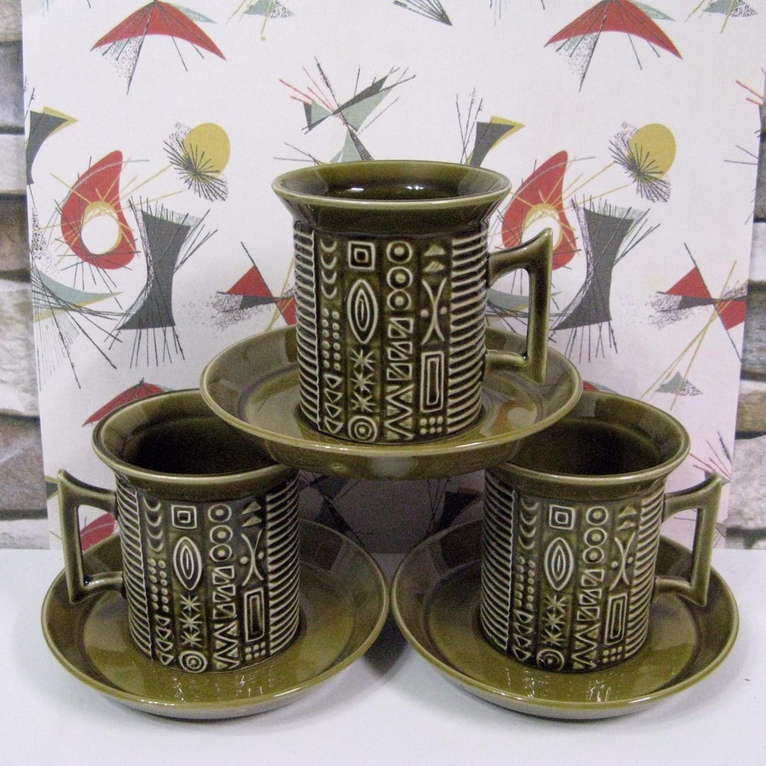 Portmeirion Cypher Dinnerware, 3 Cups and Saucers, Green Cypher, Susan ...