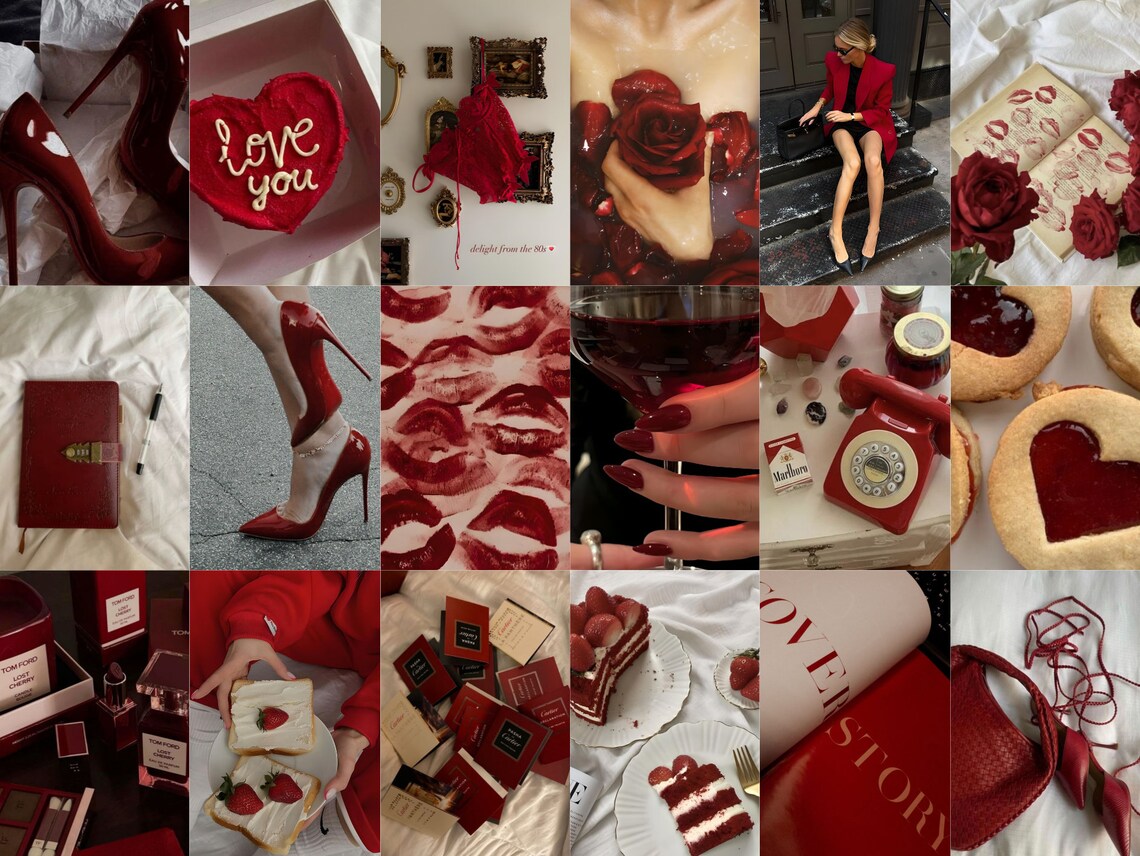 135 PCS Cherry Aesthetic Wall Collage Kit | Dark Red Photo Collage ...