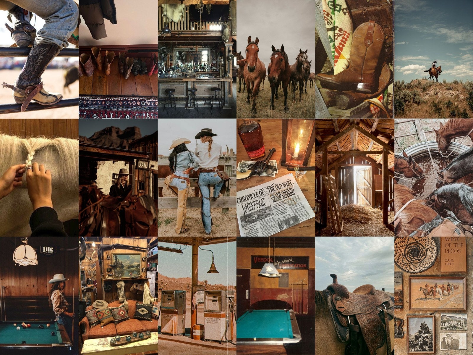 140 PCS Western Aesthetic Wall Collage, Cowgirl Western Collage, Old ...