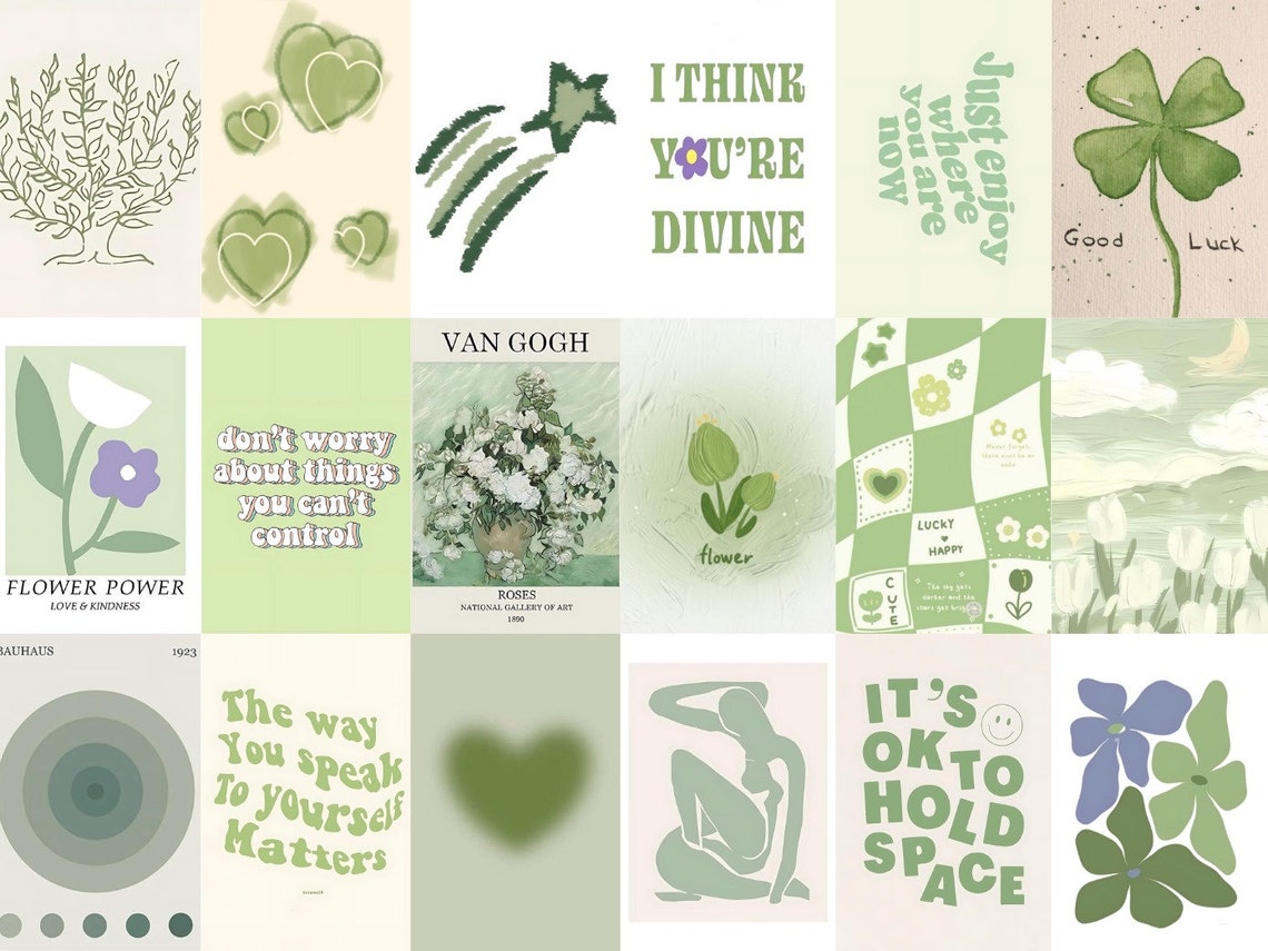 100 PCS Green Preppy Aesthetic Wall Collage Kit | Danish Green Positive ...