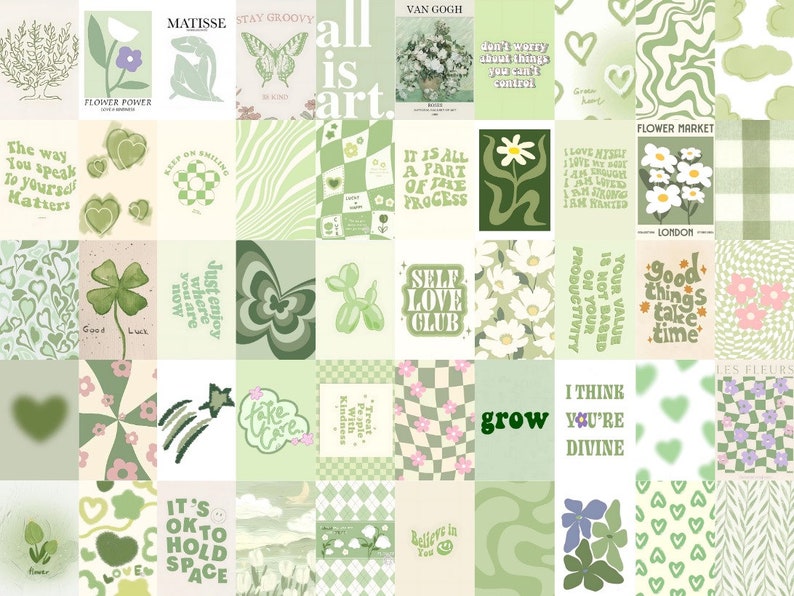 100 PCS Green Preppy Aesthetic Wall Collage Kit | Danish Green Positive ...
