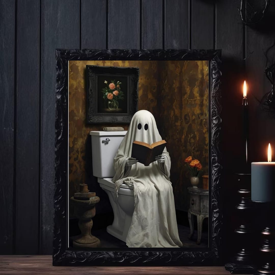 Fantasma aconchegante no vaso sanitário lendo jornal pôster de arte de ...
