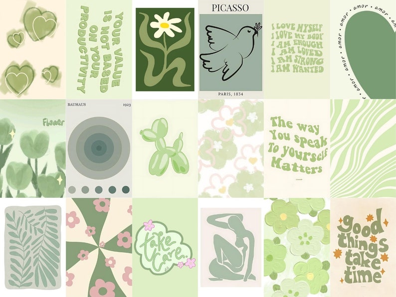 100 PCS Green Preppy Aesthetic Wall Collage Kit | Danish Green Positive ...