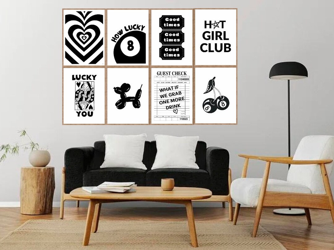 Black Preppy Wall Art Set of 8, Retro Posters, Preppy Room Decor, Eight ...