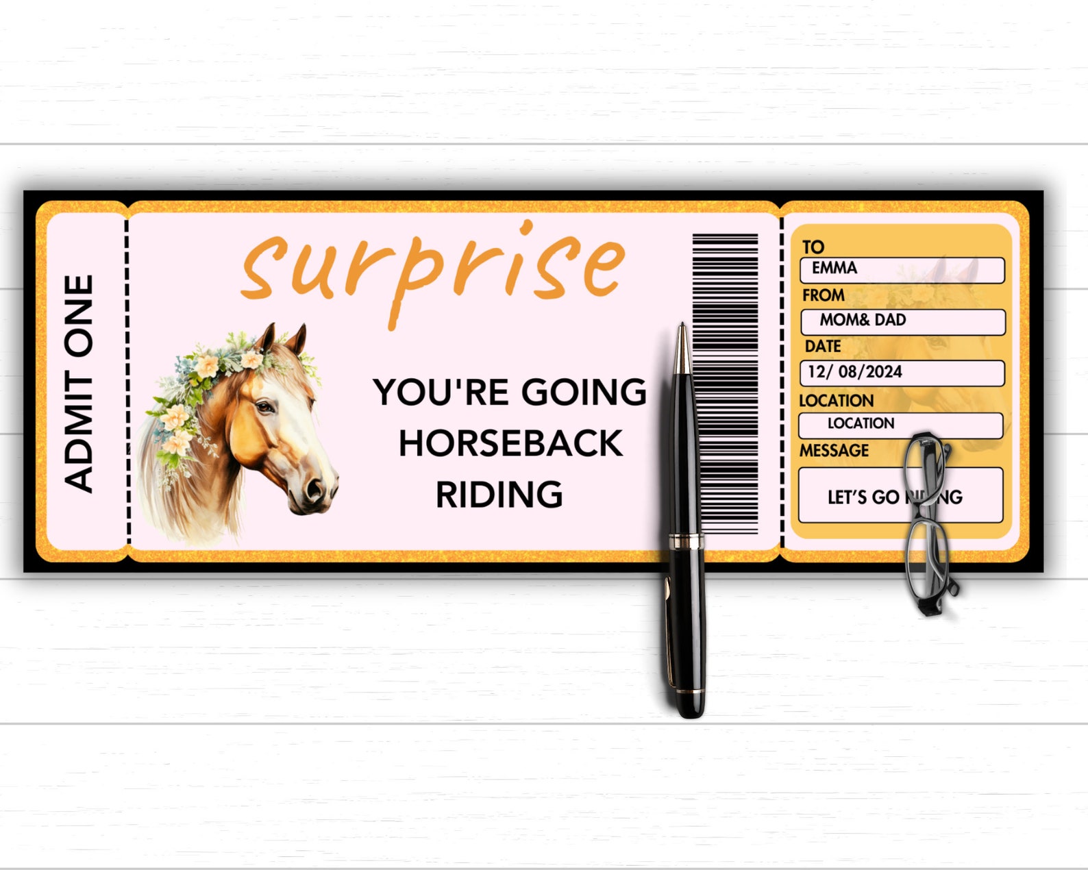 Printable Horse Riding Surprise Ticket, Horseback Riding Ticket, Ticket ...