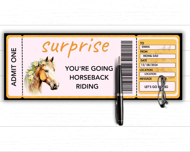 Printable Horse Riding Surprise Ticket, Horseback Riding Ticket, Ticket ...