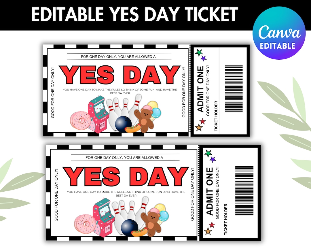 Printable Yes Day Ticket Template, Yes Day Voucher, Yes Day Gift Ticket ...