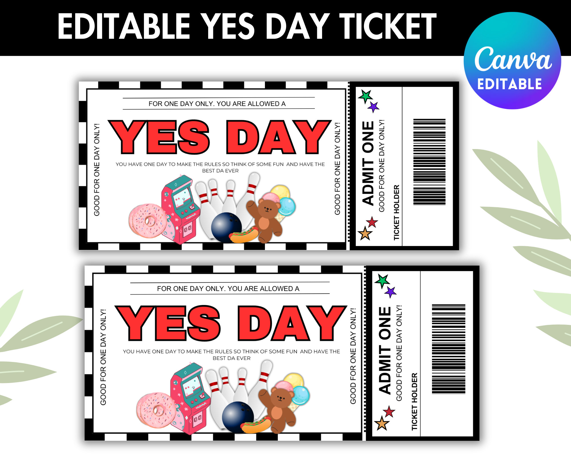Printable Yes Day Ticket Template, Yes Day Voucher, Yes Day Gift Ticket ...