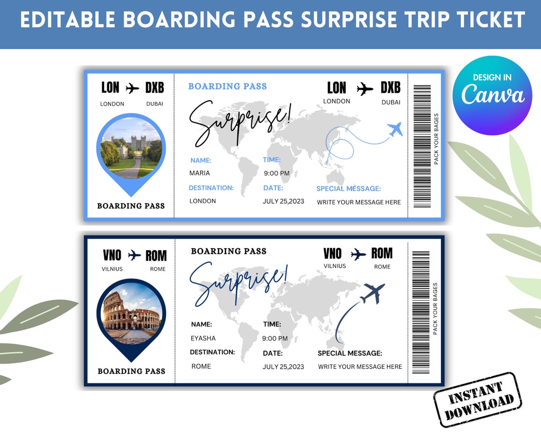 Editable Boarding Pass Template, Printable Personalized Airline Ticket ...
