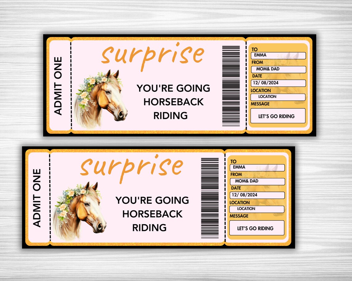 Printable Horse Riding Surprise Ticket, Horseback Riding Ticket, Ticket ...