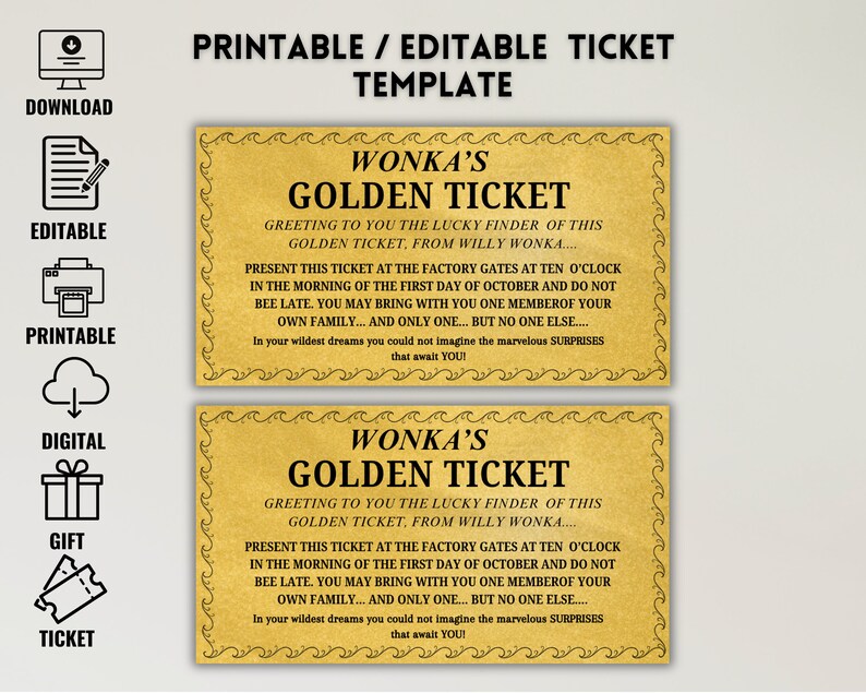 Buy Printable Wonka's Golden Ticket Template, Ticket Template, Editable ...