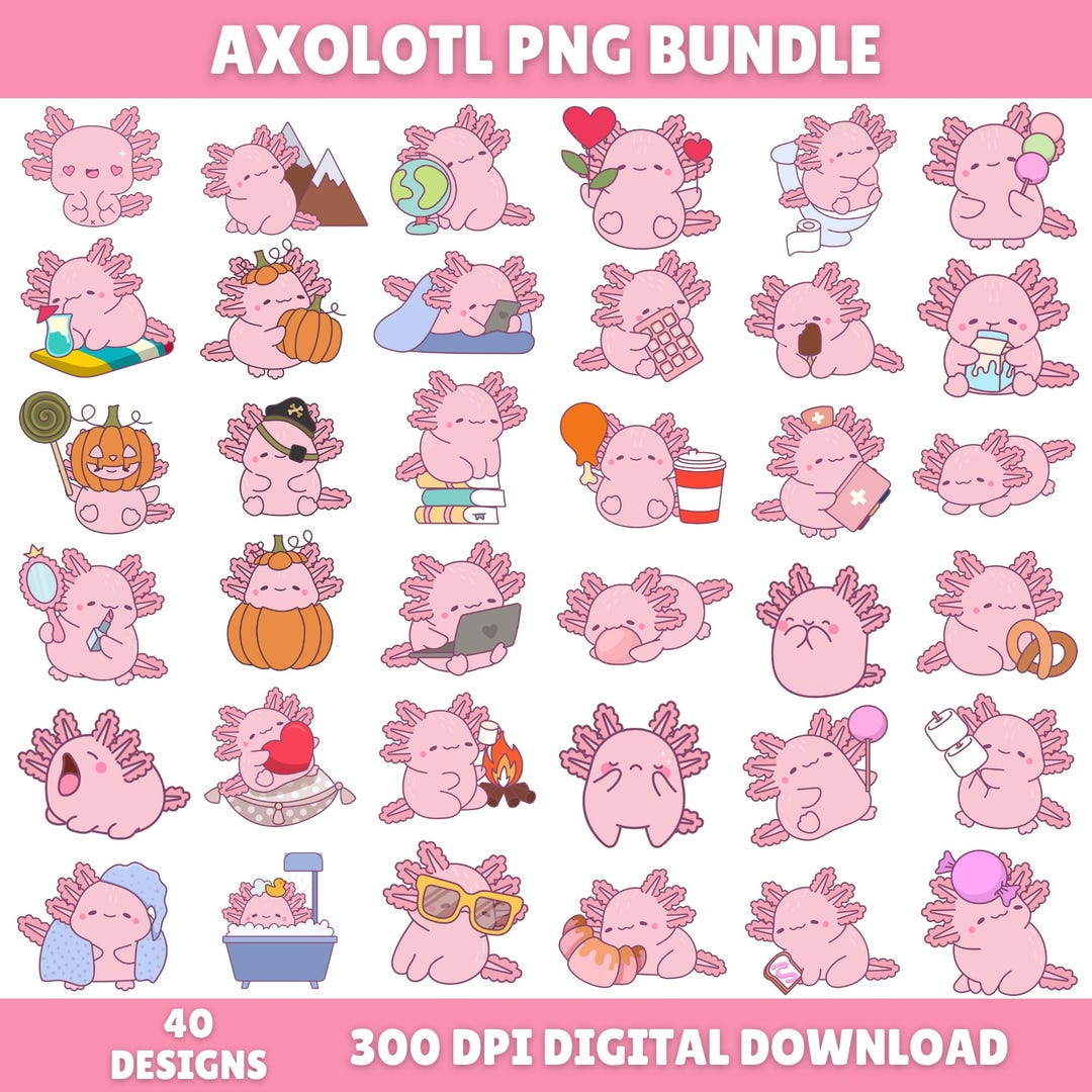 Axolotl Png Bundle, Kawaii Axolotl Png, Axolotl Clipart Bundle, Cute ...