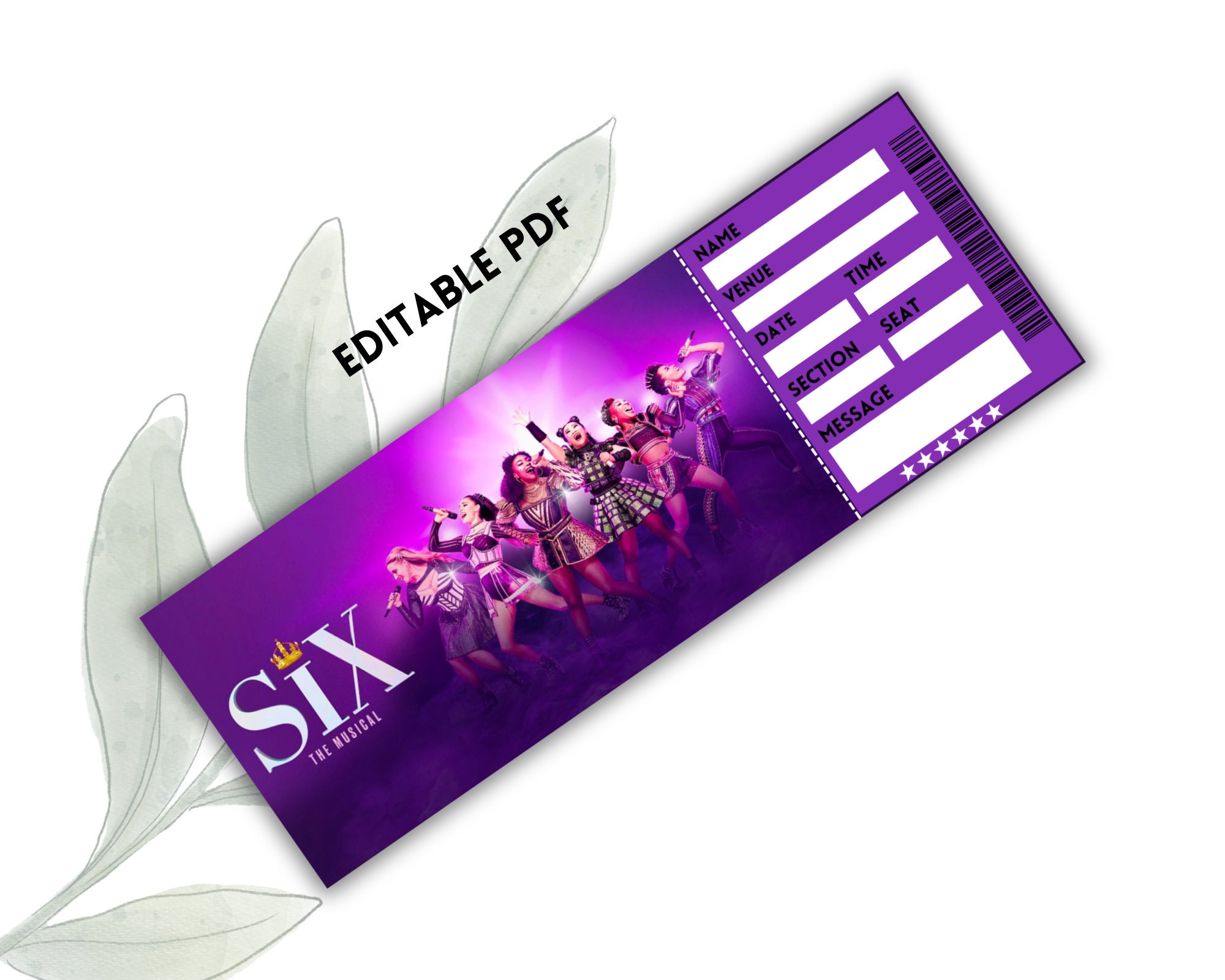 Editable Six Broadway Surprise Ticket, Theatre Ticket, Six Musical ...