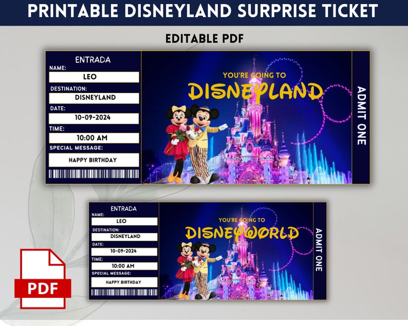 Printable Disneyland Surprise Trip Ticket Template, Surprise Reveal ...