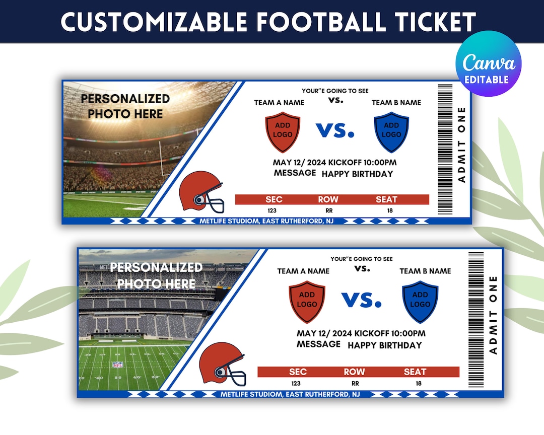 Customizable Football Ticket Template, Birthday Gift, Football Lovers ...