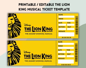 Printable LION KING Broadway Surprise Ticket. Editable Musical Theatre Faux Event Admission ...