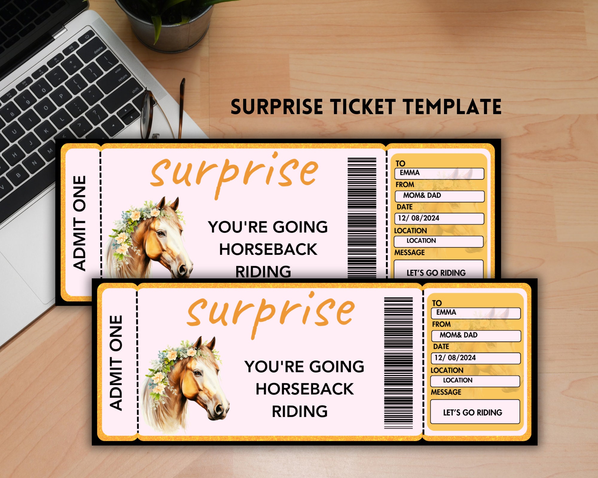 Printable Horse Riding Surprise Ticket, Horseback Riding Ticket, Ticket ...