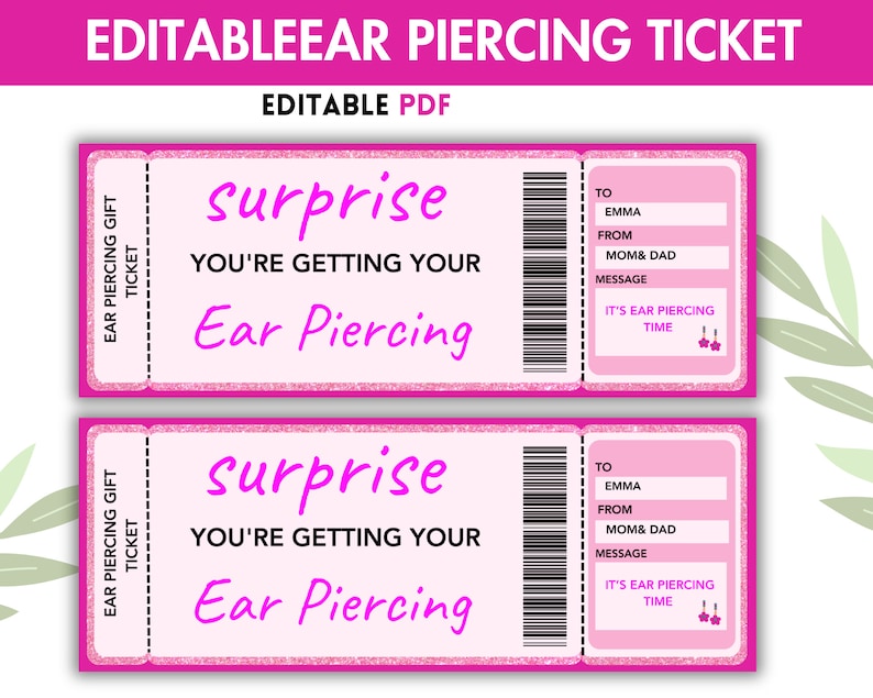 Printable Ear Piercing Ticket Template, Ear Piercing Ticket, Ears ...