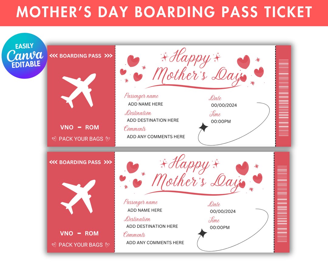 Editable Mother’s Day Boarding Pass Ticket Template, Mother’s Day Gift ...