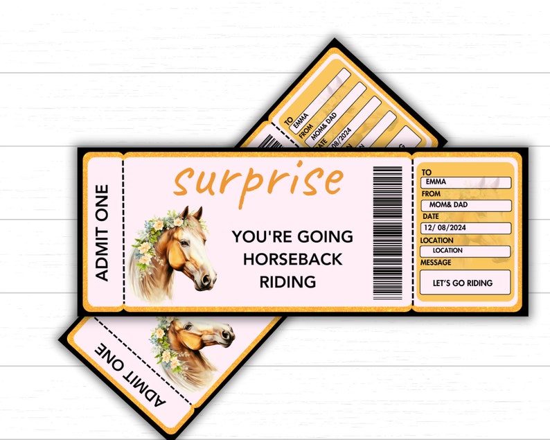 Printable Horse Riding Surprise Ticket, Horseback Riding Ticket, Ticket ...