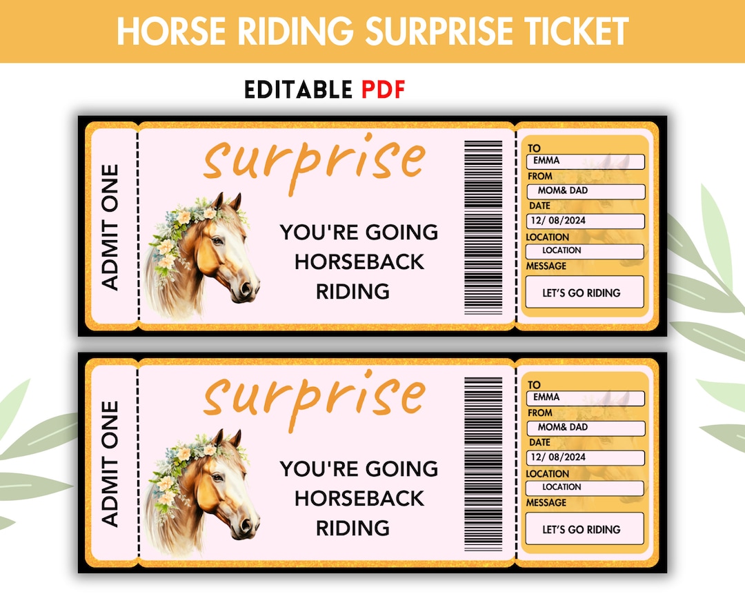 Printable Horse Riding Surprise Ticket, Horseback Riding Ticket, Ticket ...