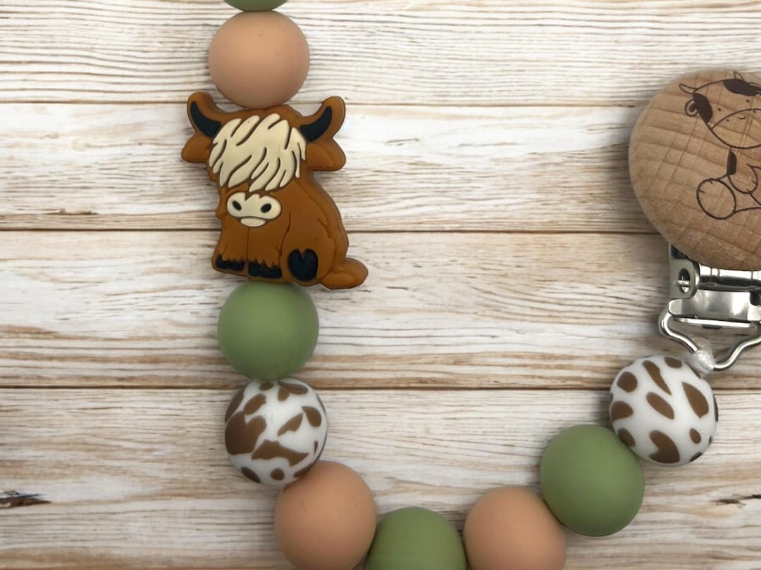 Personalized Brown Highland Cow Pacifier Clip and Rattle, Baby Shower ...